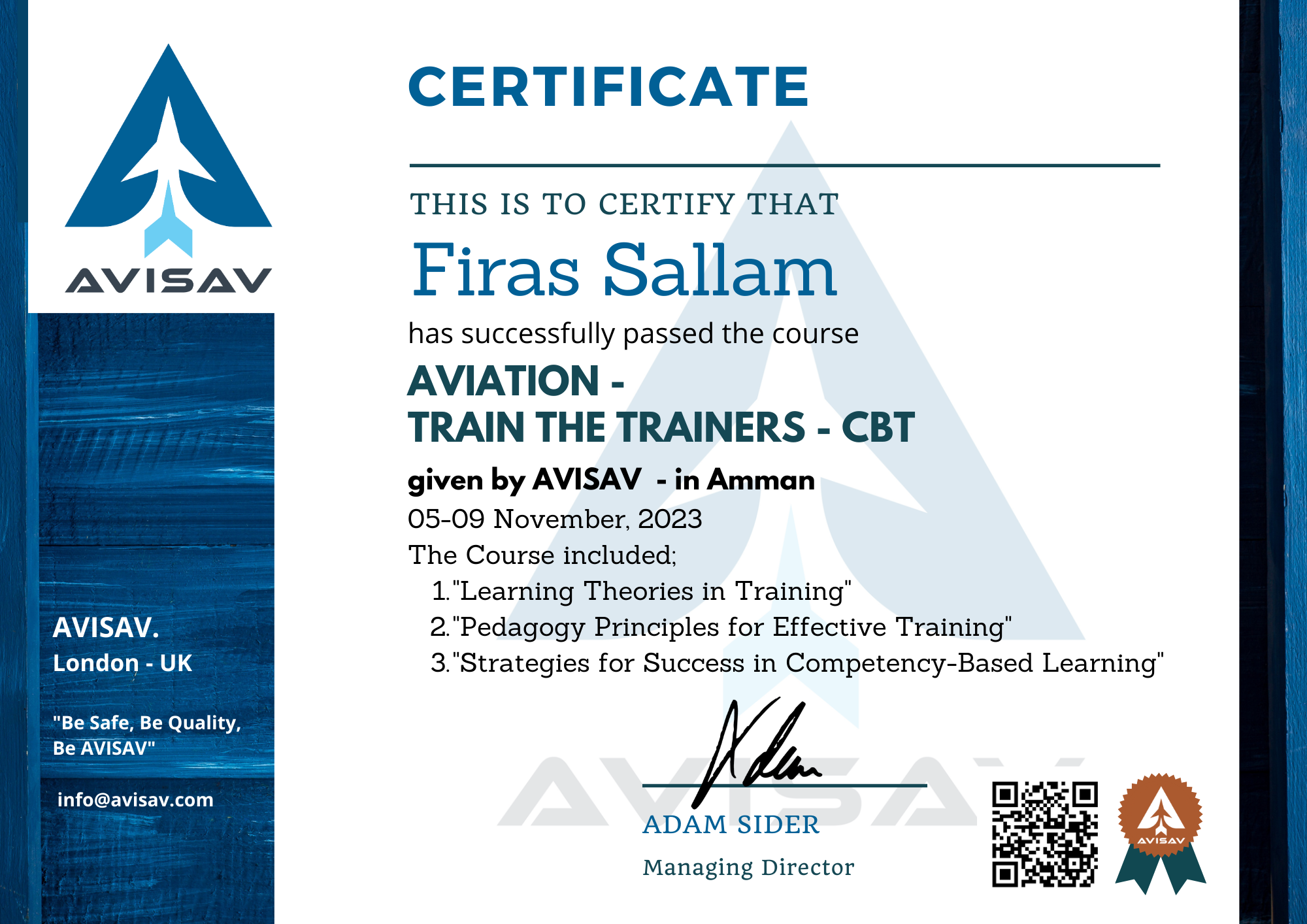 Certificate 05.11.2023 Sallam - AVISAV
